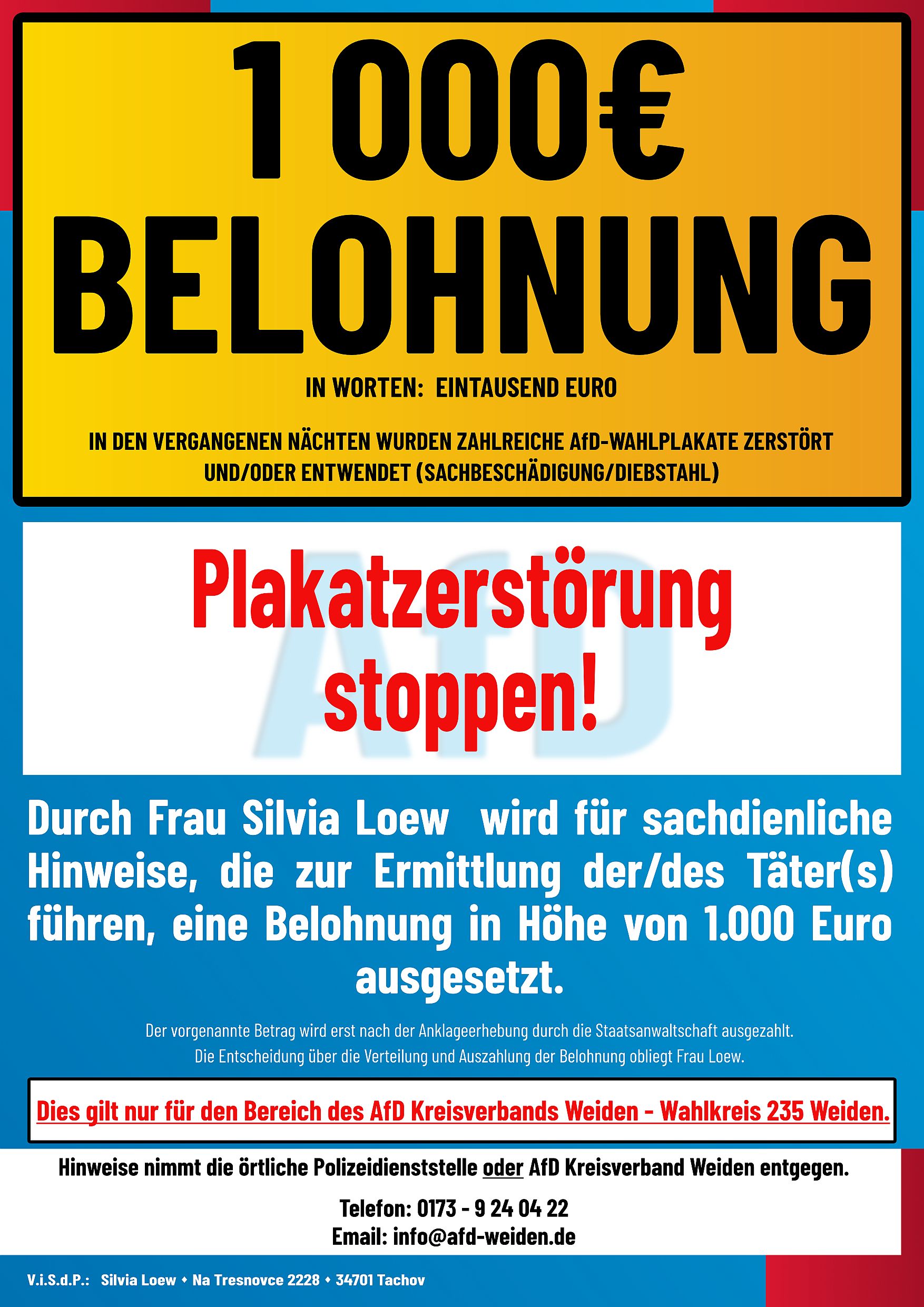 1.000€ Belohnung - AfD Weiden | Kreisverband